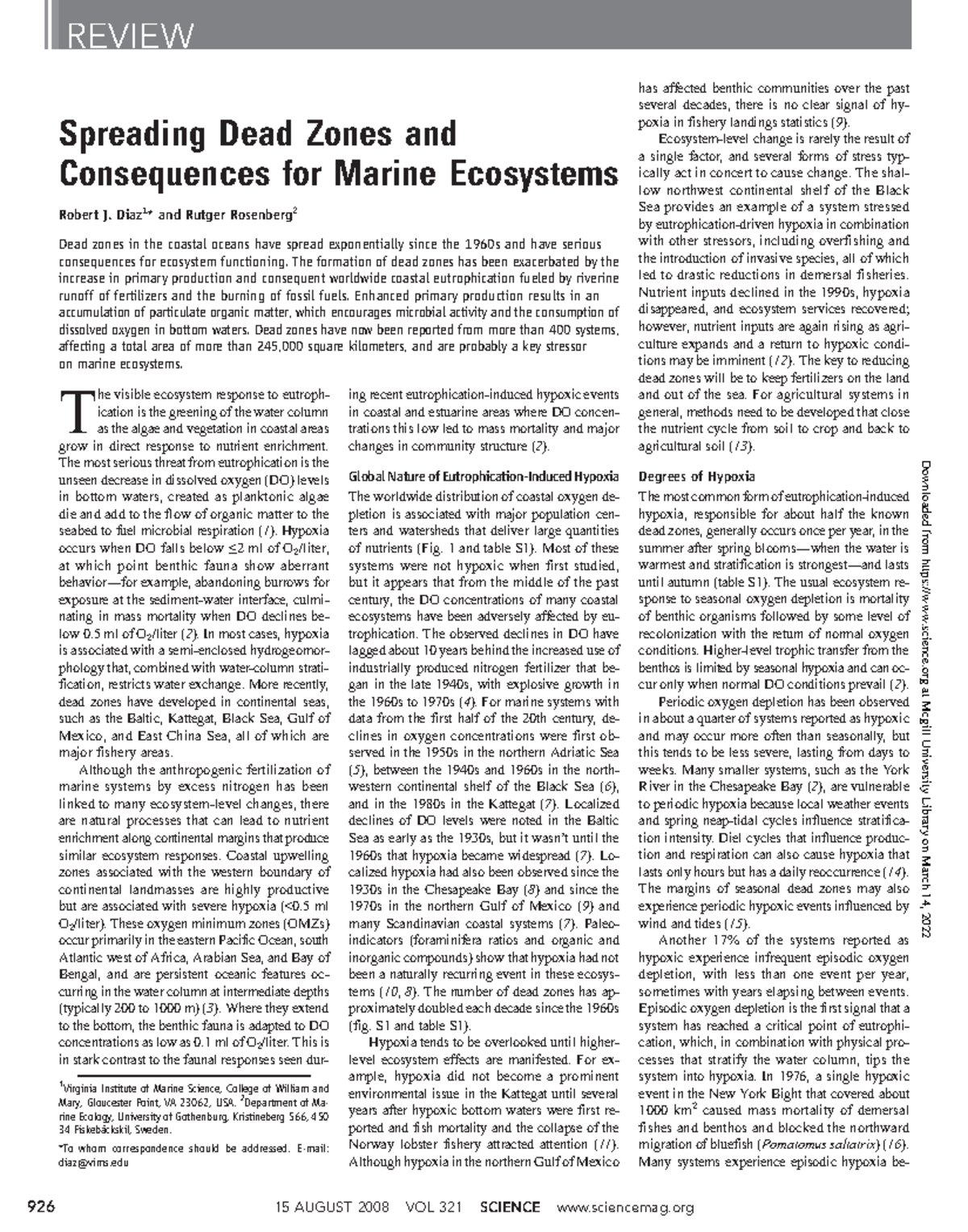 Diaz and Rosenberg 2008 - Spreading Dead Zones and Consequences for ...
