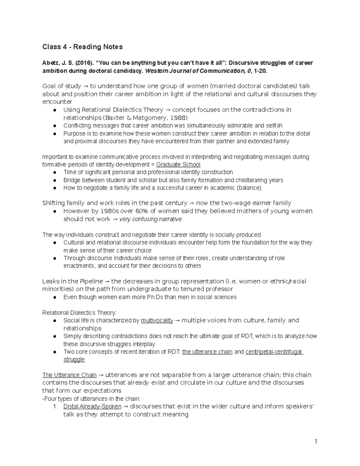 Class 4 - Reading Notes - Class 4 - Reading Notes Abetz, J. S. (2016 ...