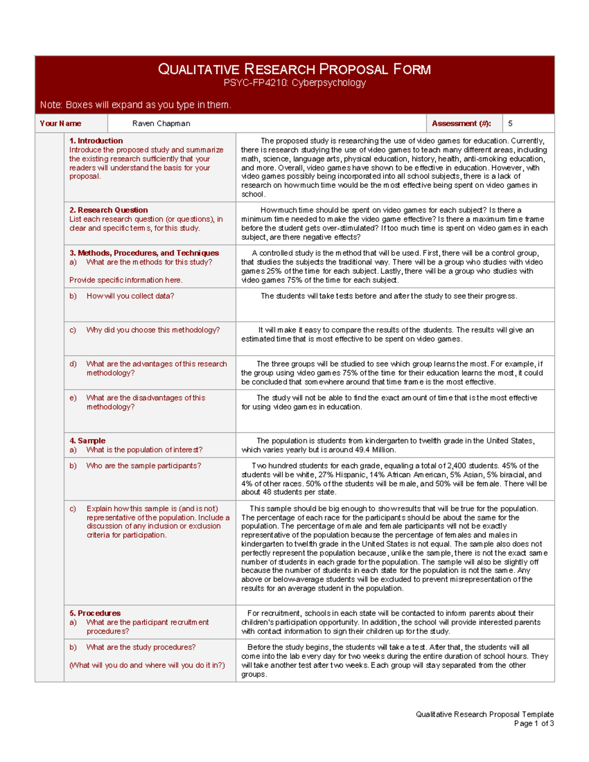PSYC-FPX4210 Chapman Raven 5-1 - QUALITATIVE RESEARCH PROPOSAL FORM ...