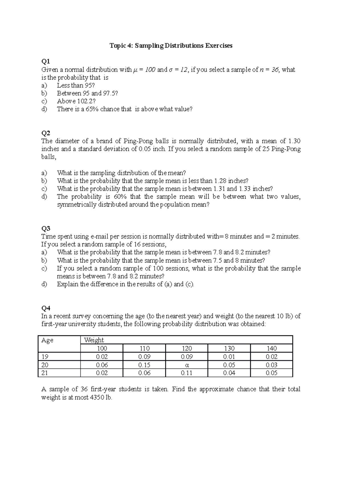 Topic 4 Questions - Notes - Topic 4: Sampling Distributions Exercises Q ...