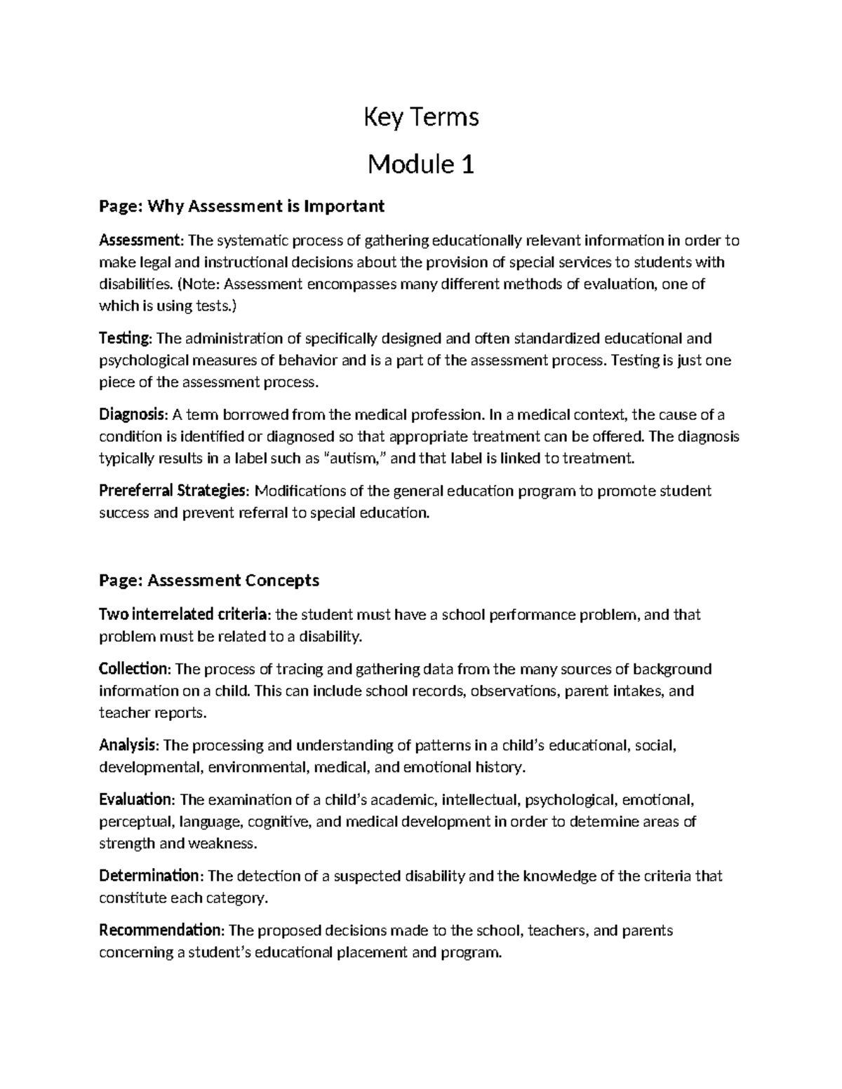 Key terms module 1 - Key Terms Module 1 Page: Why Assessment is ...