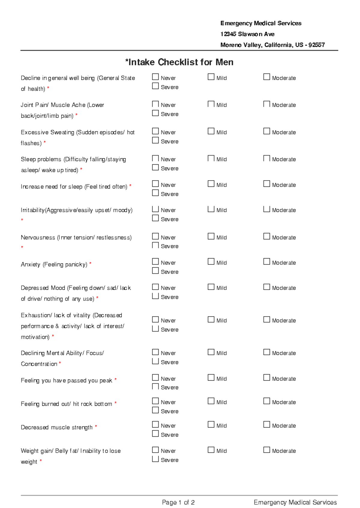 Intake Checklist for Men Questionnaire - Decline in general well being ...