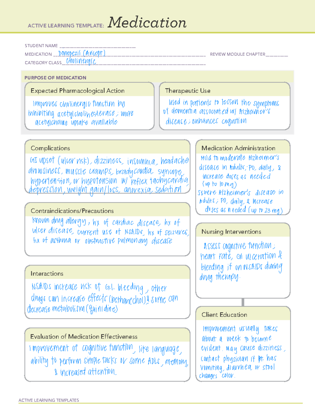 ATI- Cholinergic - ACTIVE LEARNING TEMPLATES Medication STUDENT NAME ...