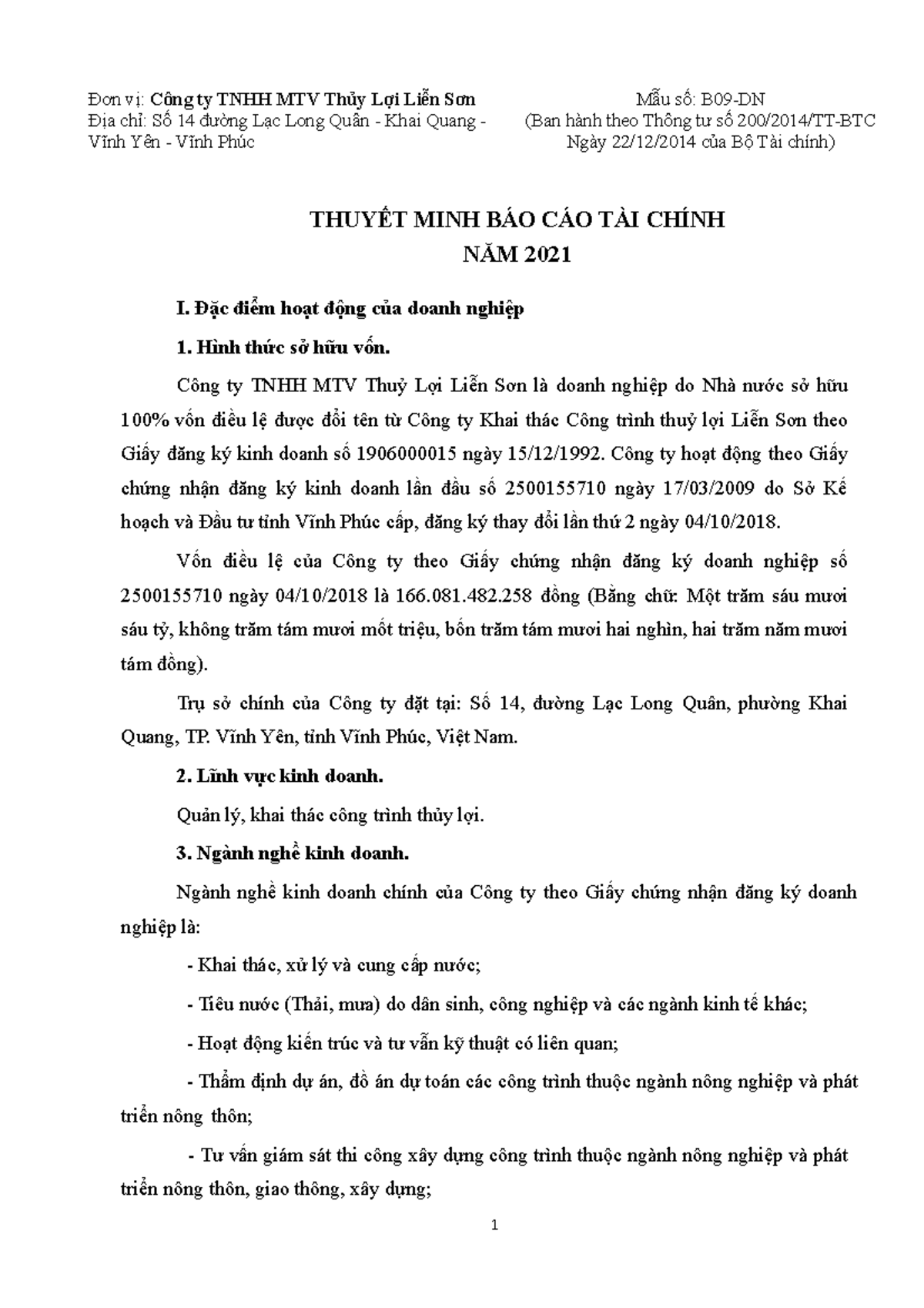 2-Thuyết minh BCTC 2021 - Đơn vị: Công ty TNHH MTV Thủy Lợi Liễn Sơn Địa chỉ: Số 14 đường Lạc ...