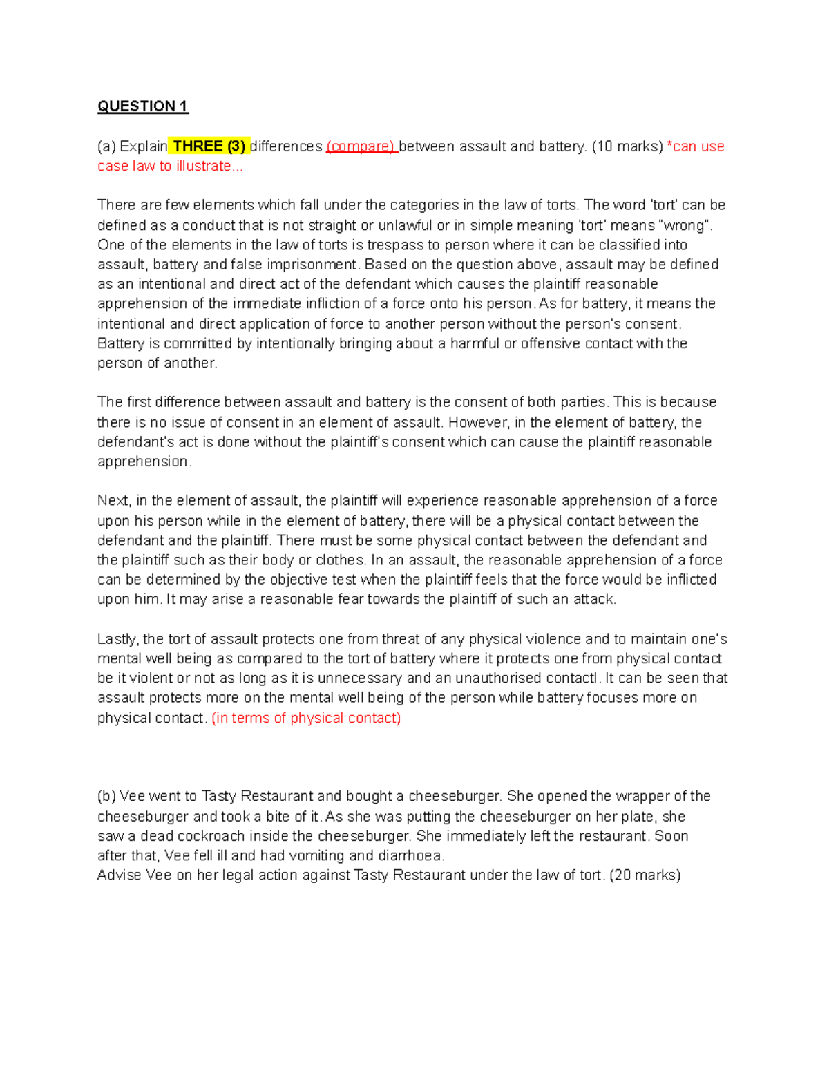 LAW 083 Tutorial WEEK 11 - QUESTION 1 (a) Explain THREE (3) differences (compare) between ...