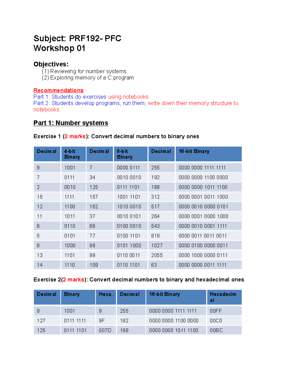 Workshop 01 - WS1 - Subject: PRF192- PFC Workshop 01 Objectives: (1) Reviewing for number ...