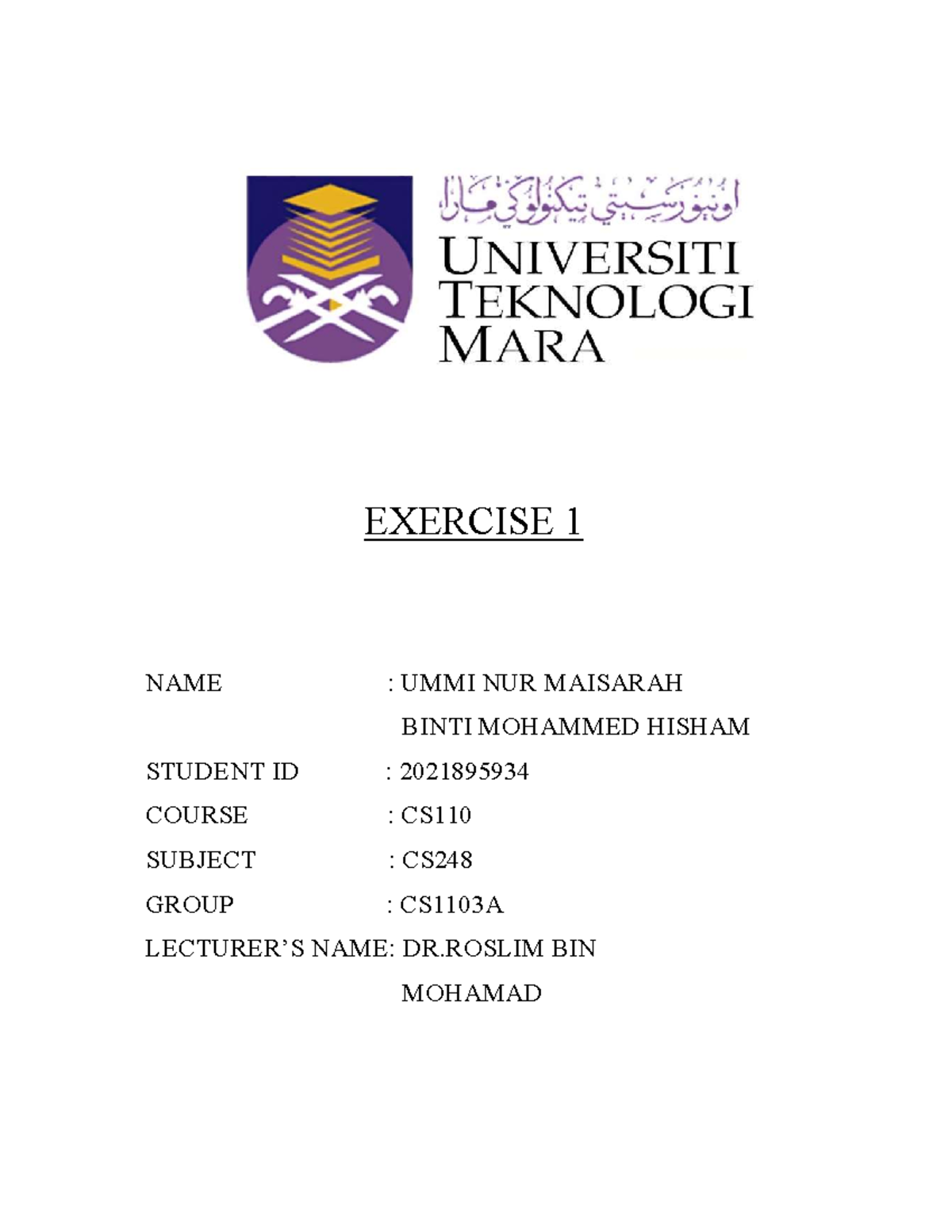Exercise 1 CS248 - Fundamentals Of Data Structures - EXERCISE 1 NAME ... Exercise 1 CS248 - Fundamentals Of Data Structures - EXERCISE 1 NAME ...