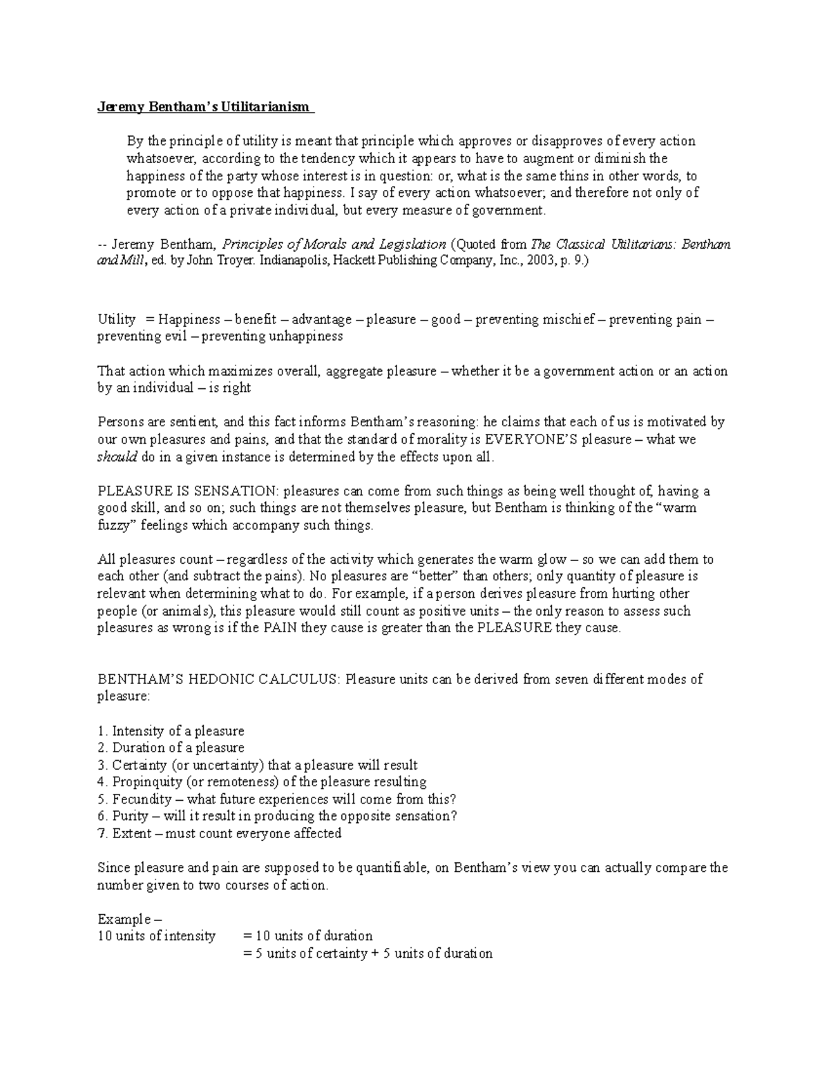 Brief Notes Bentham's Utilitarianism - Jeremy Bentham’s Utilitarianism ...