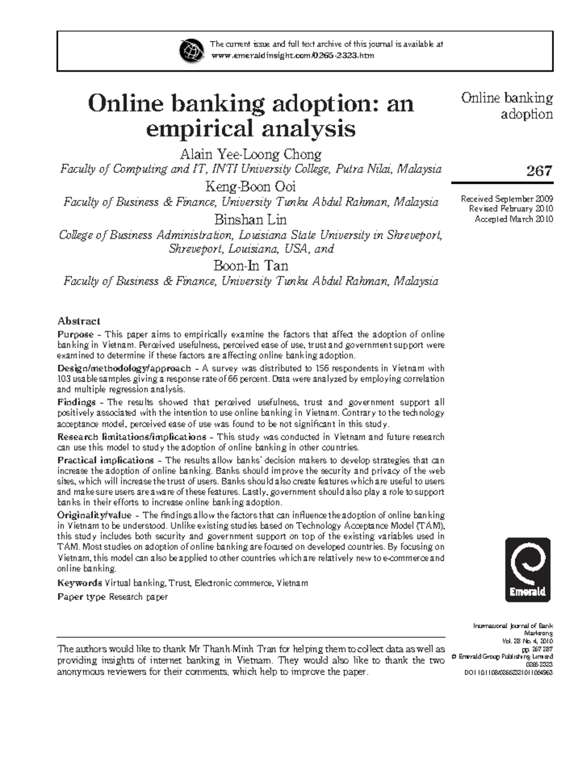 Online banking adoption an empirical ana - Online banking adoption: an empirical analysis Alain ...