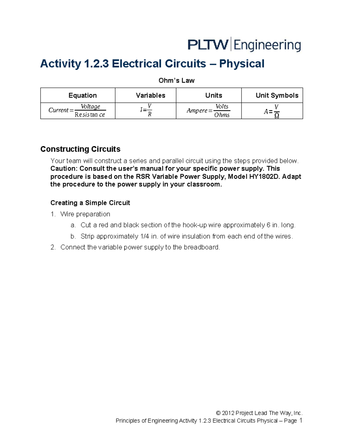 1.2.3.A.PHY Electrical Circuits - Activity 1.2 Electrical Circuits ...