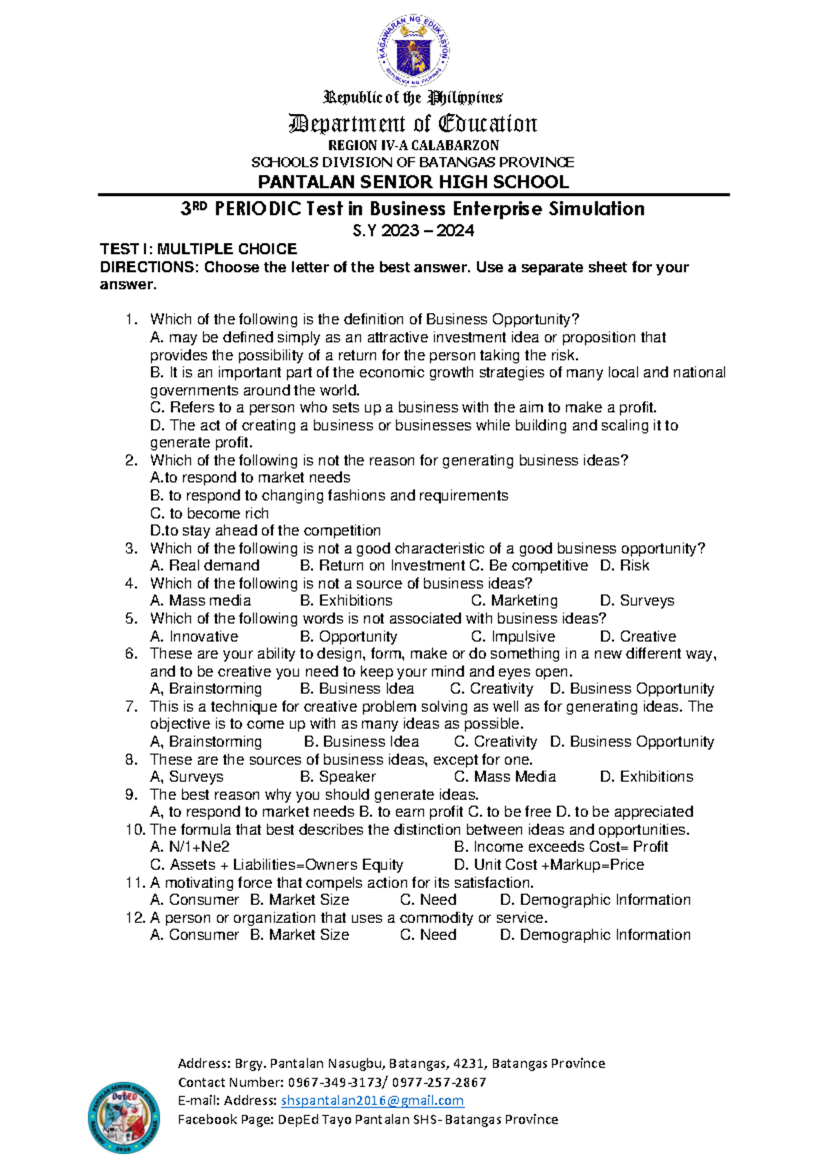 Periodic-TEST-BES - exam - Department of Education REGION IV-A ...