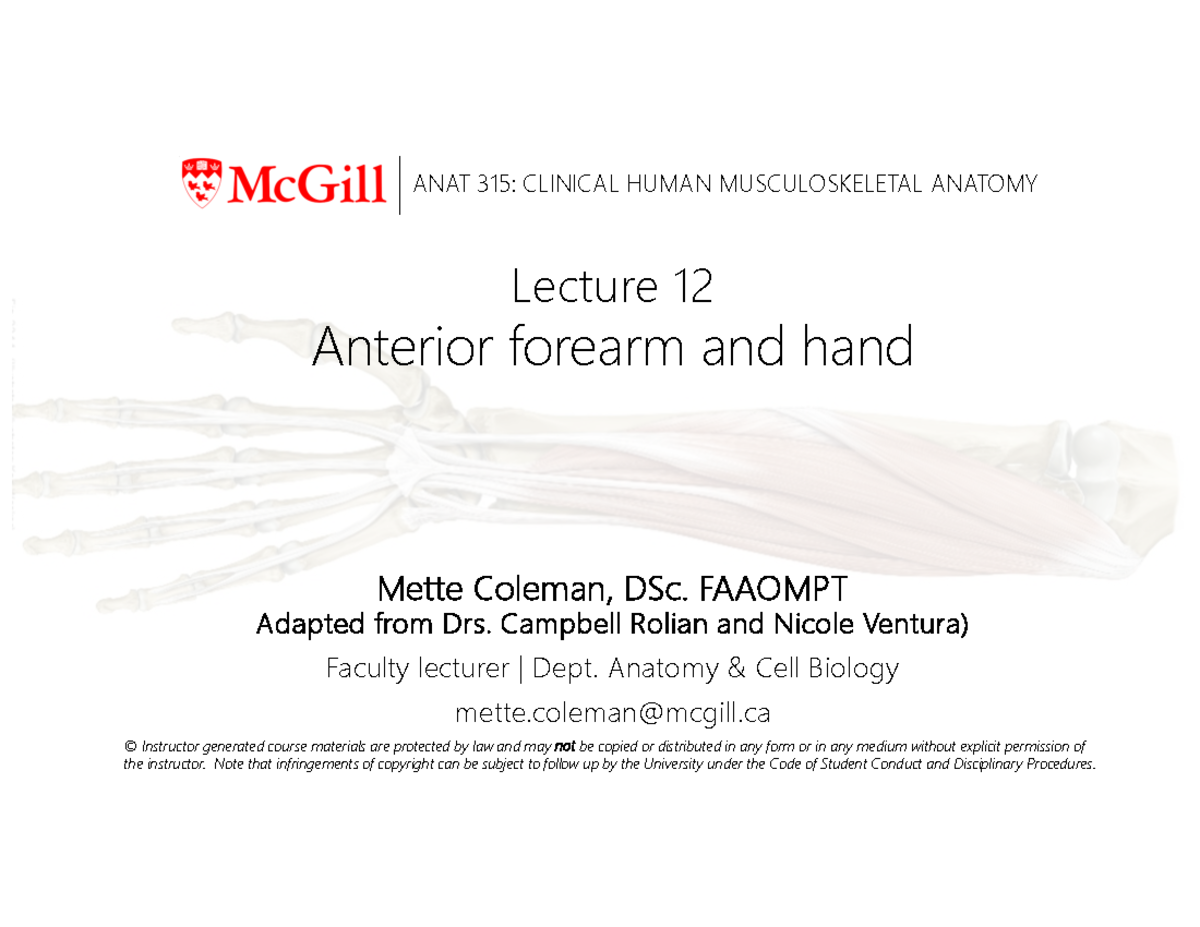 ANAT 315 L12 Anterior forearm and hand F2023 - Lecture 12 Anterior ...