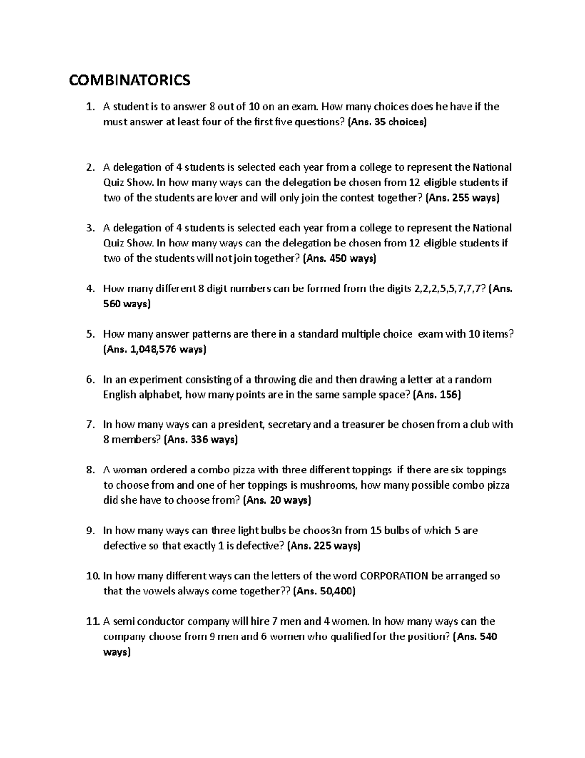 Combinatorics Practice Problems Using Combinations Civil 