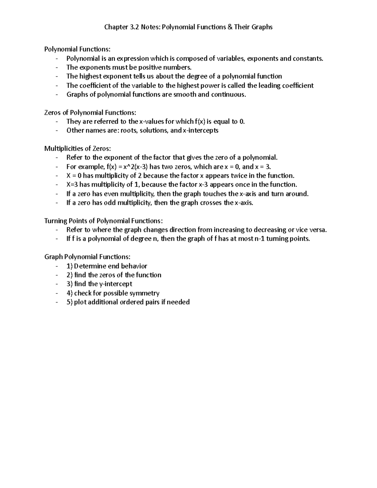 Chapter 3.2 Notes - Chapter 3 Notes: Polynomial Functions & Their ...
