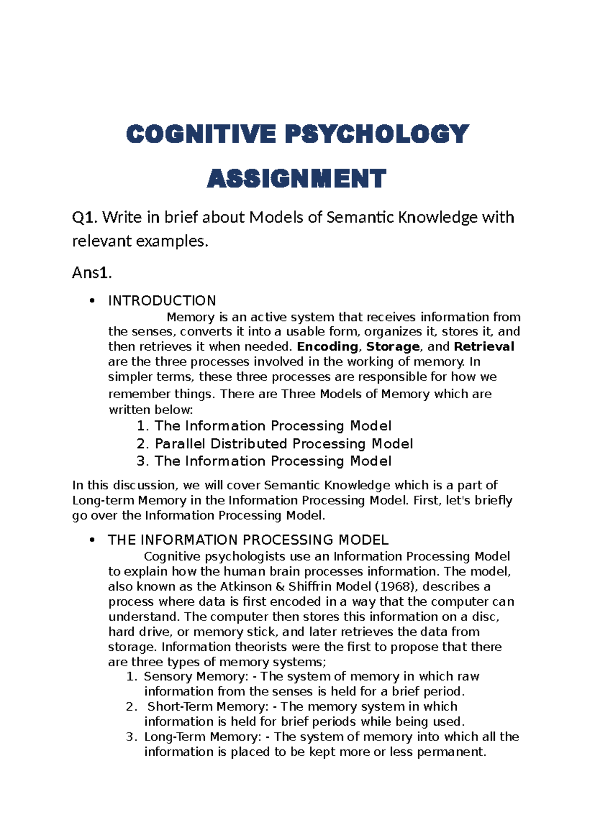 Cognitive Psychology Assignment - COGNITIVE PSYCHOLOGY ASSIGNMENT Q1 ...