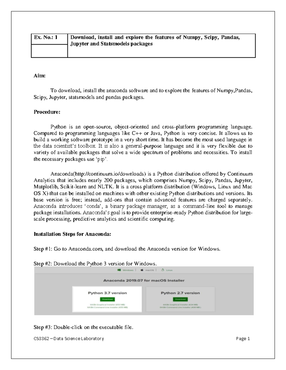 Data Science Lab Manual Ex No 1 Download Install And Explore The