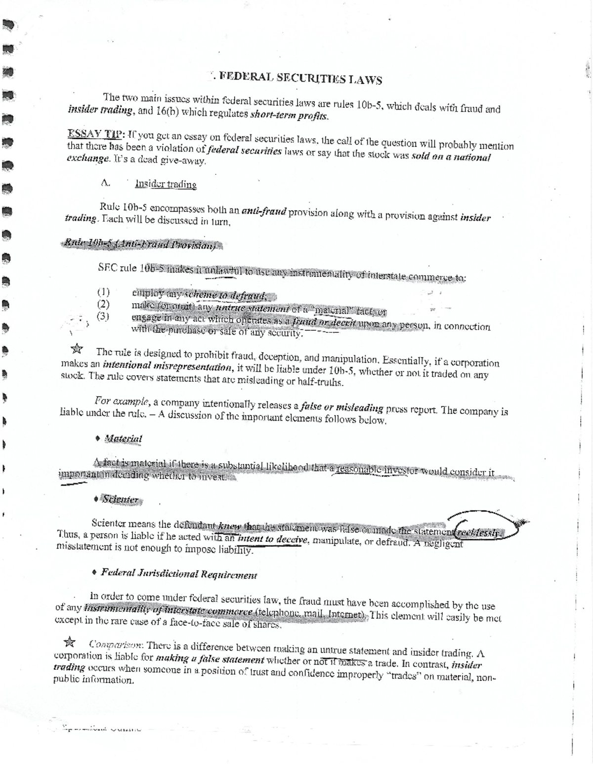 Sec Regs Outline - FEDERAL SECURITIES LAWS insider trading, and 16(b ...