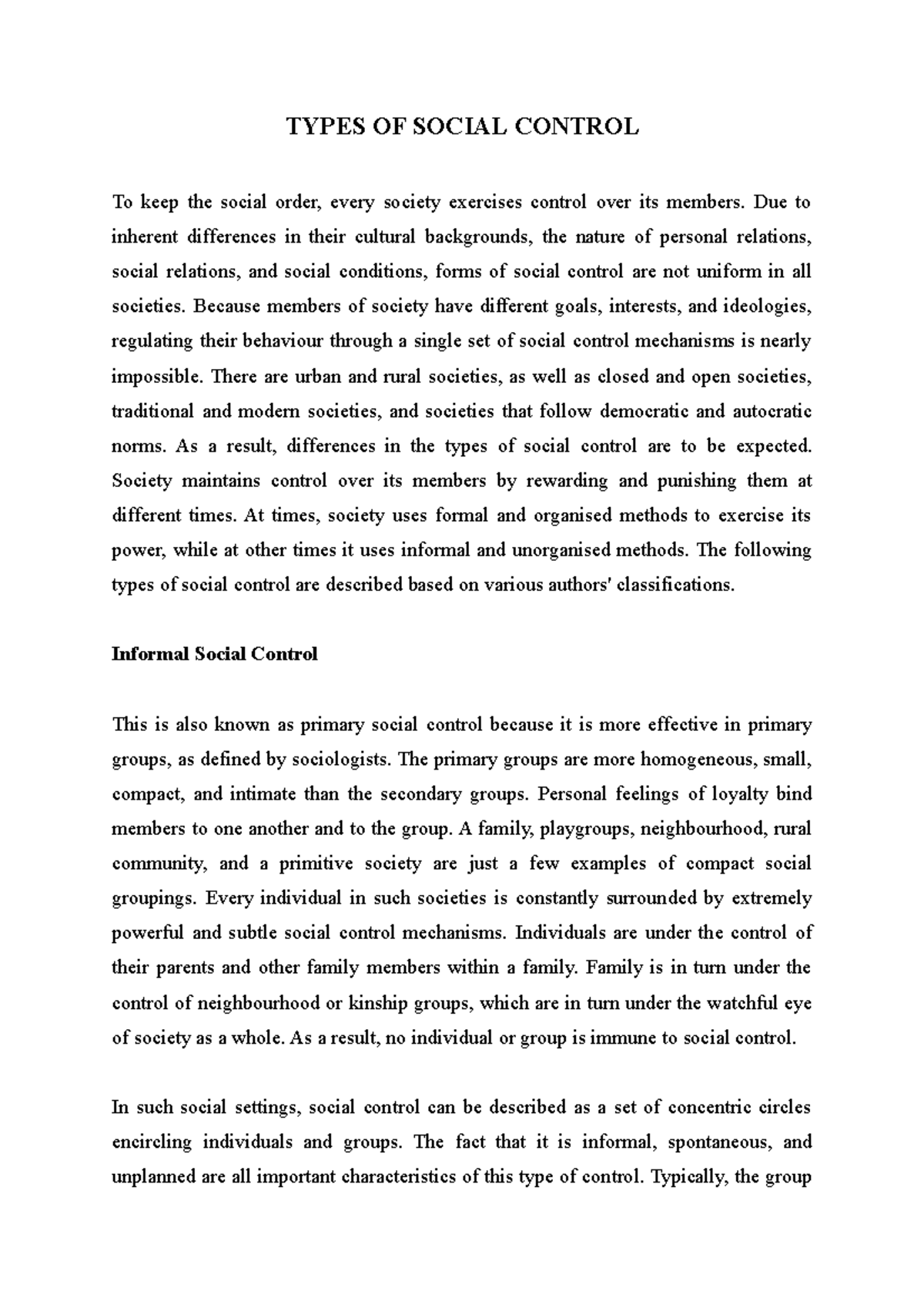 Types OF Social Control - TYPES OF SOCIAL CONTROL To keep the social ...