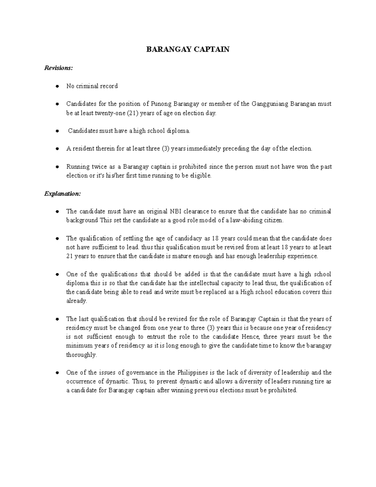 Barangay Captain Suggestion - BARANGAY CAPTAIN Revisions: No criminal ...