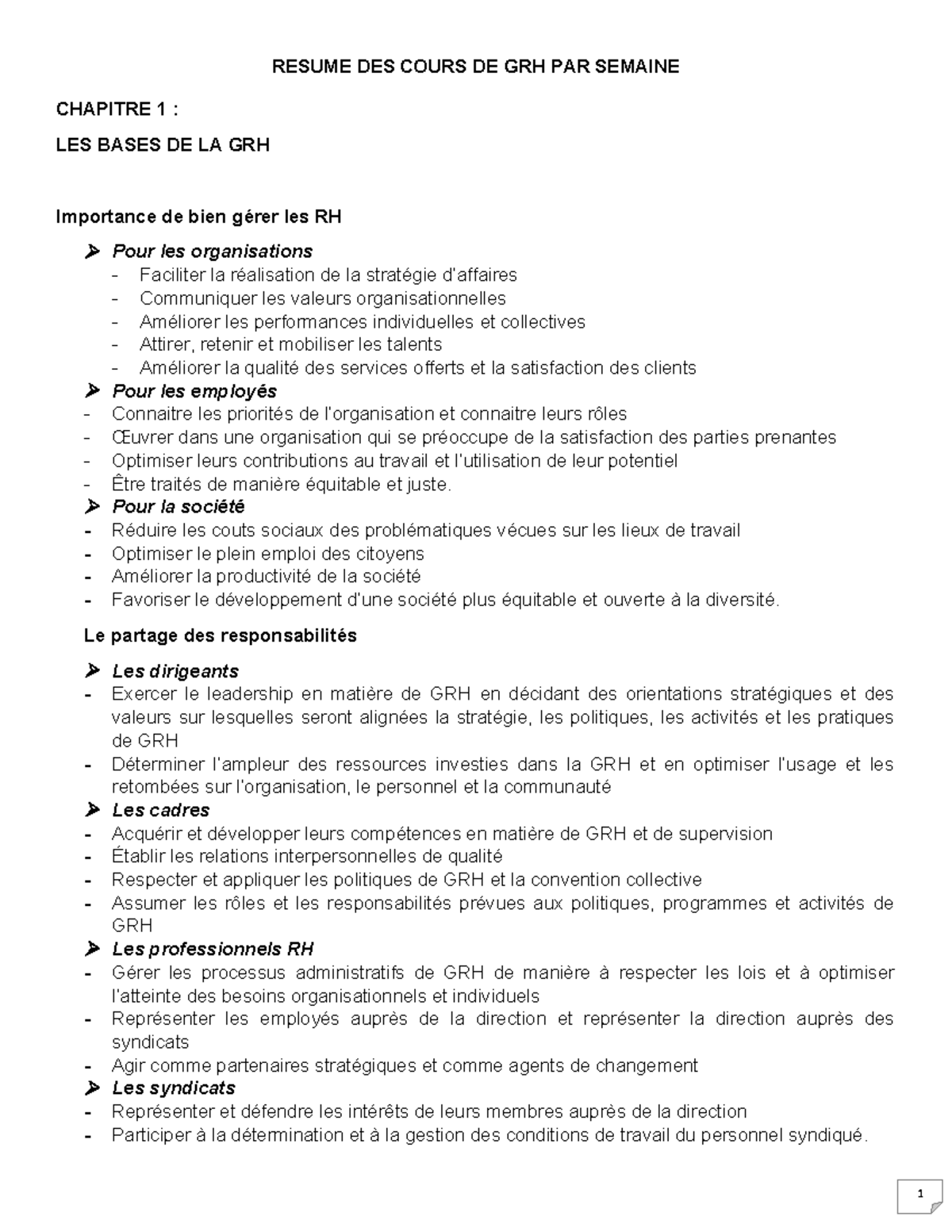 Résumé du cours et préparation de l'examen - CHAPITRE 1 : LES BASES DE LA GRH Importance de bien ...
