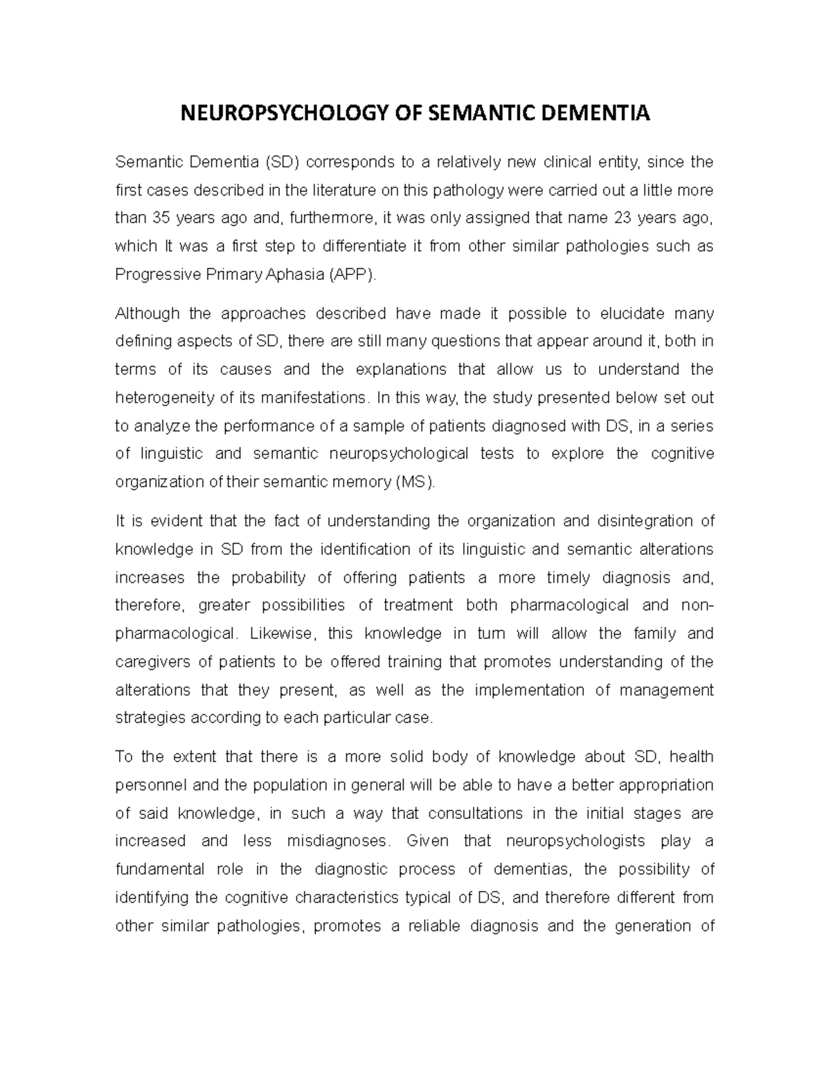 Neuropsychology OF Semantic Dementia - NEUROPSYCHOLOGY OF SEMANTIC ...