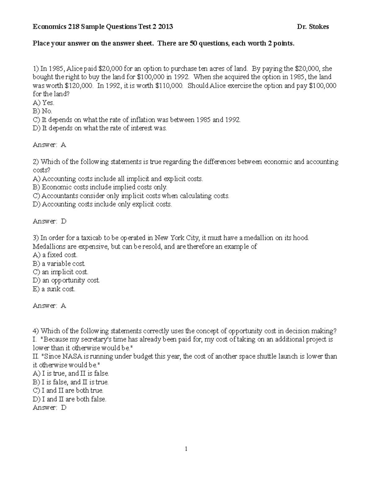 Sample Questions 2 with answers - Economics 218 Sample Questions Test 2 ...