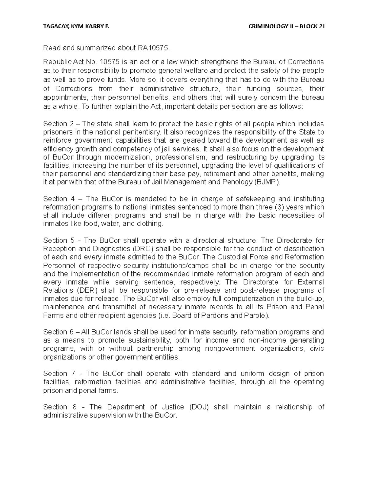 Activity 1 - RA 10575 - TAGACAY, KYM KARRY F. CRIMINOLOGY II – BLOCK 2J ...