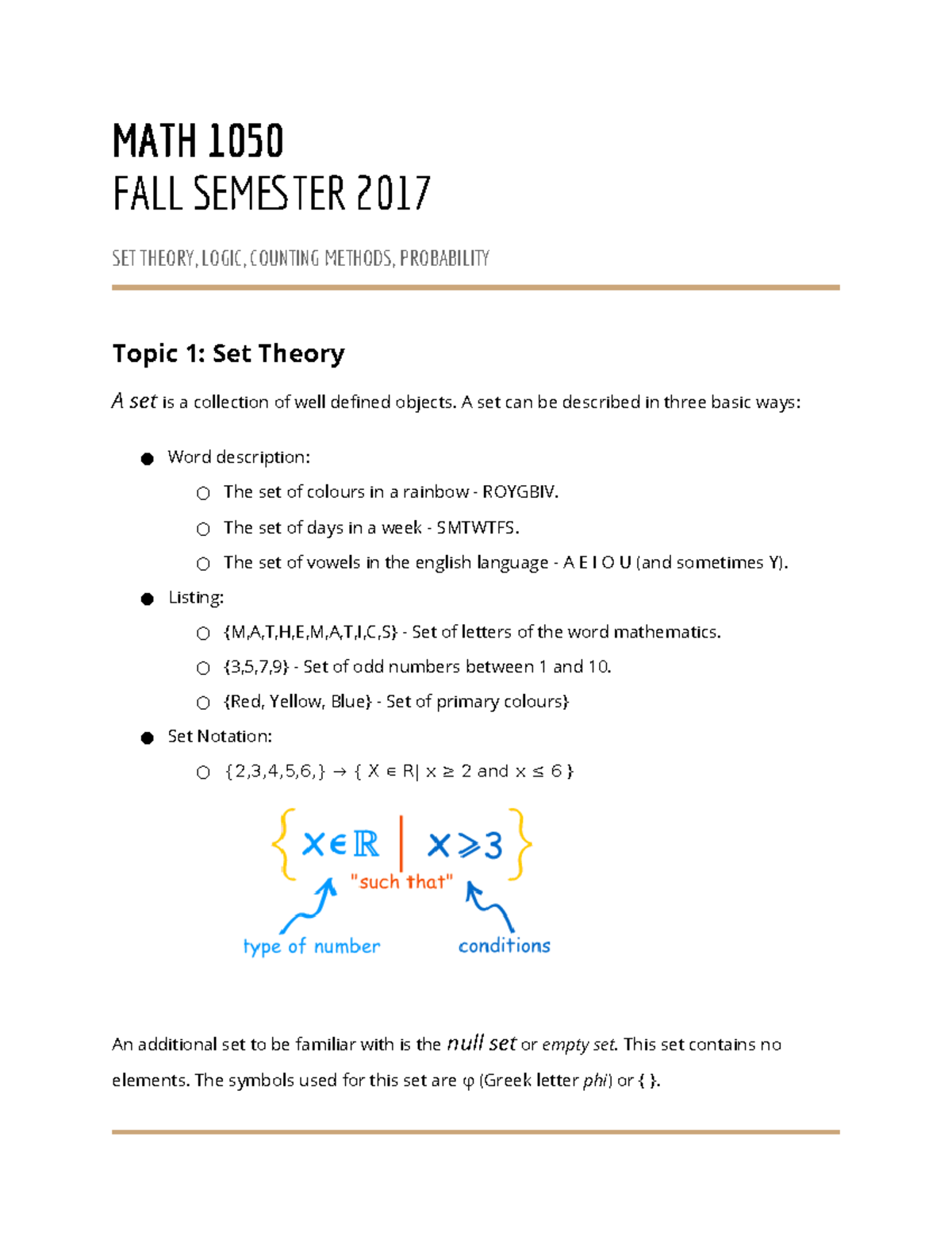 Math 1050 Course Summary/Review - MATH 1050 FALL SEMESTER 2017 SET THEORY, LOGIC, COUNTING ...