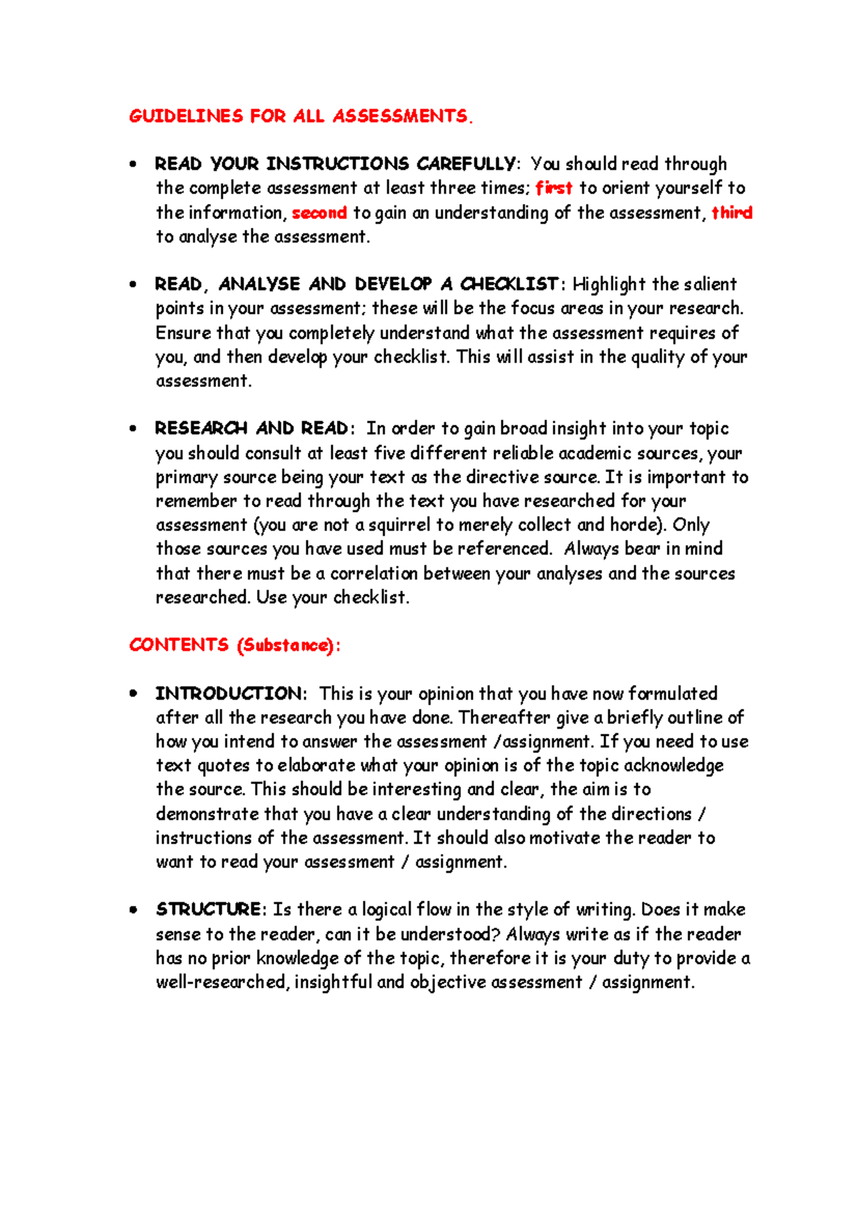 Guidelines FOR ALL Assessments - GUIDELINES FOR ALL ASSESSMENTS. READ ...