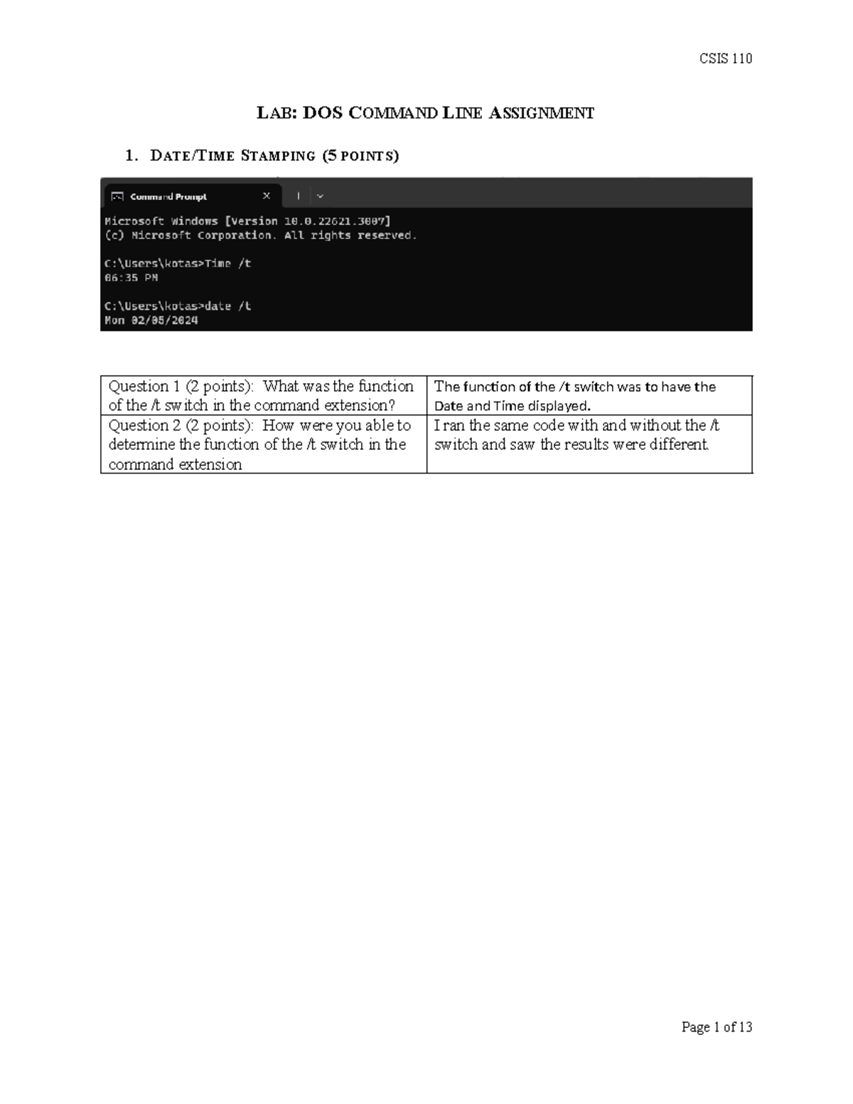 Dakota Surratt Lab DOS Command Line - LAB: DOS COMMAND LINE ASSIGNMENT 1. DATE/TIME STAMPING (5 ...