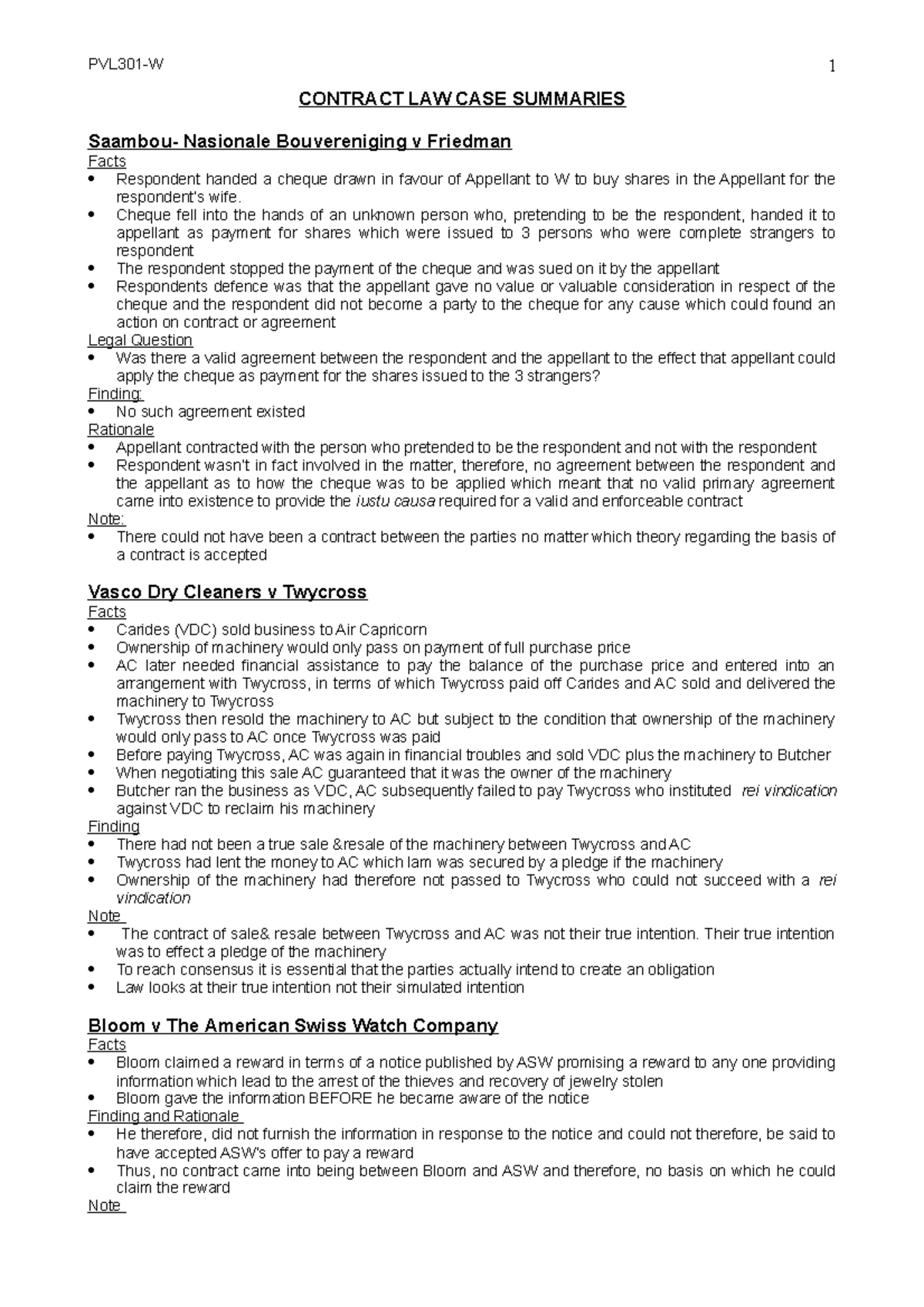PVL3702-Contract-cases - CONTRACT LAW CASE SUMMARIES Saambou- Nasionale Bouvereniging v Friedman ...