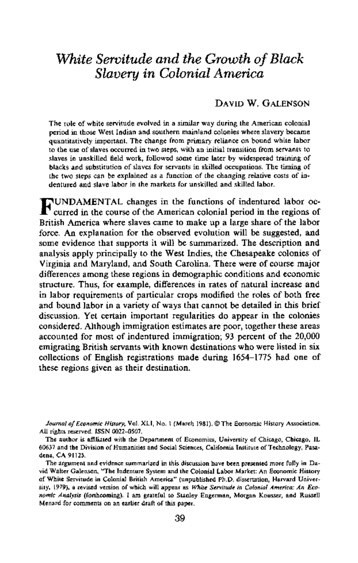 White Servitude and the Growth of Black - GALENSON The role of white ...