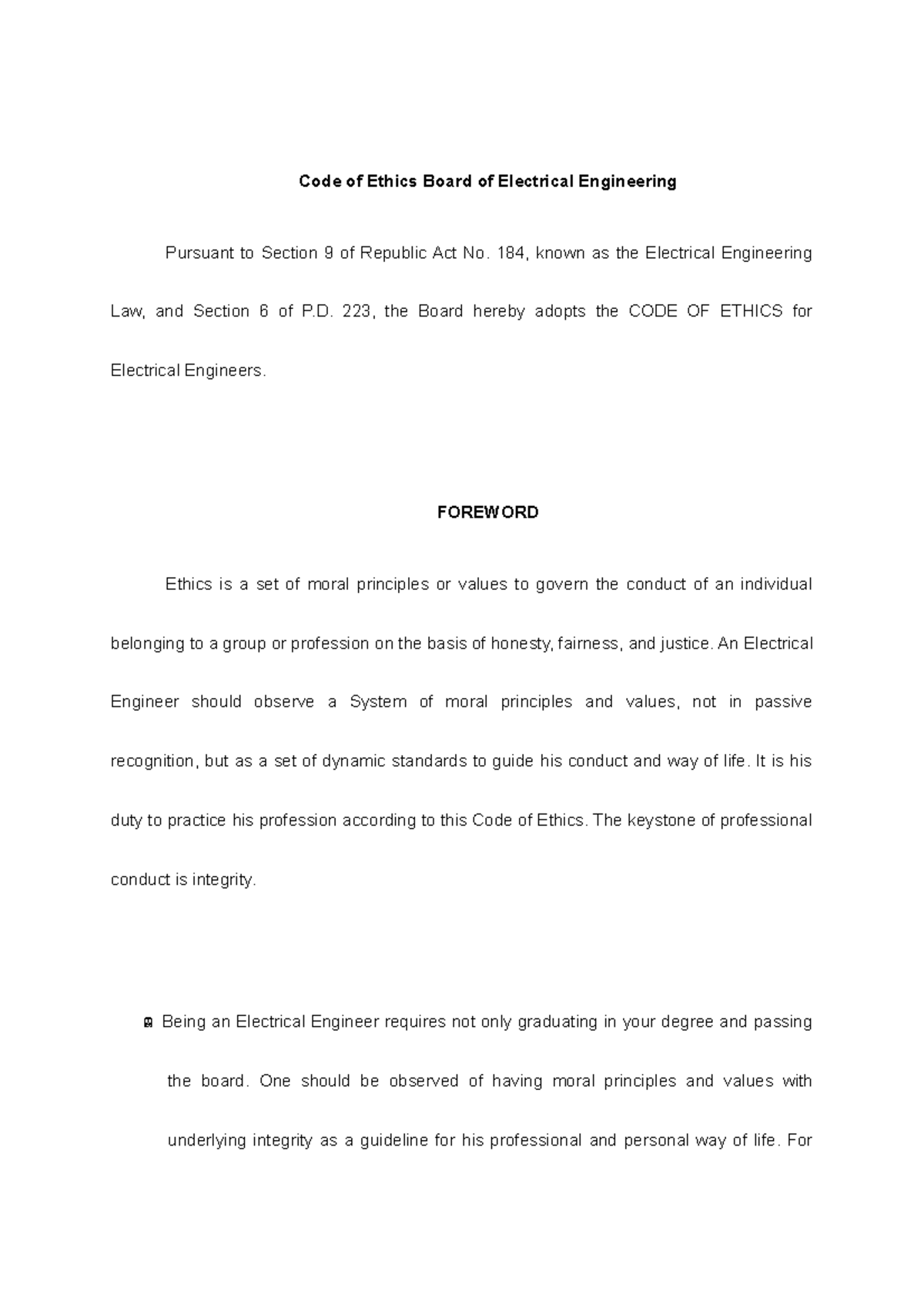 Code of Ethics Board of Electrical Engineering - 184, known as the ...