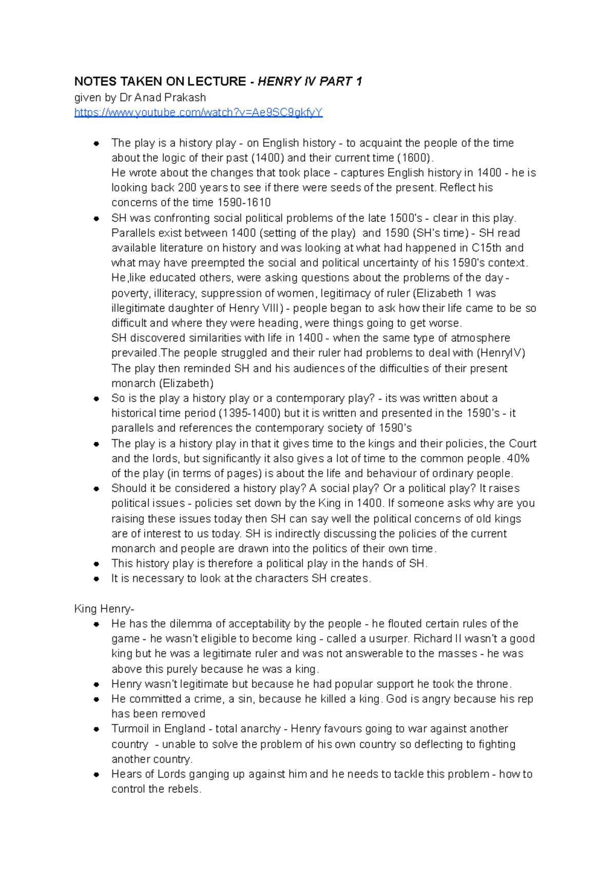 Adv. eng Henry IV Lecture - Dr Anad Prakash - Jordyn Turner - NOTES ...