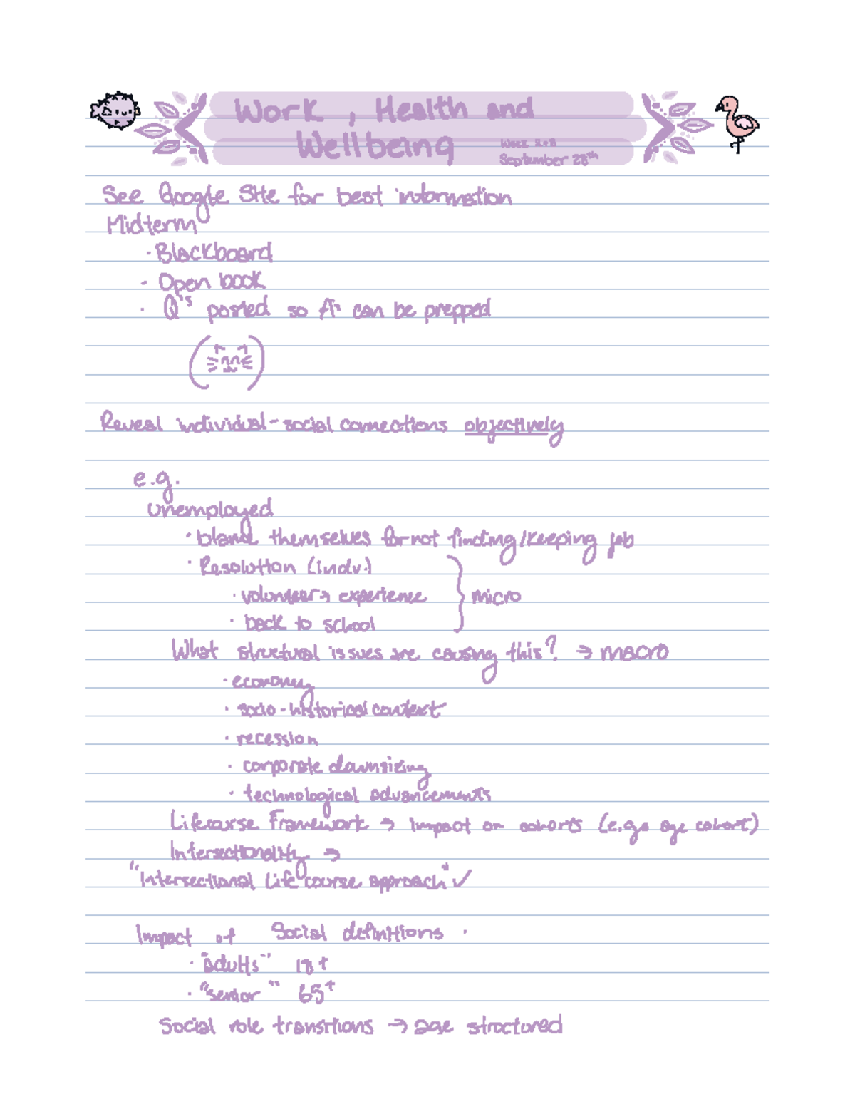 Week 2+3- Work, Health and Wellbeing - Work Health and Well being september28th See Google Site ...