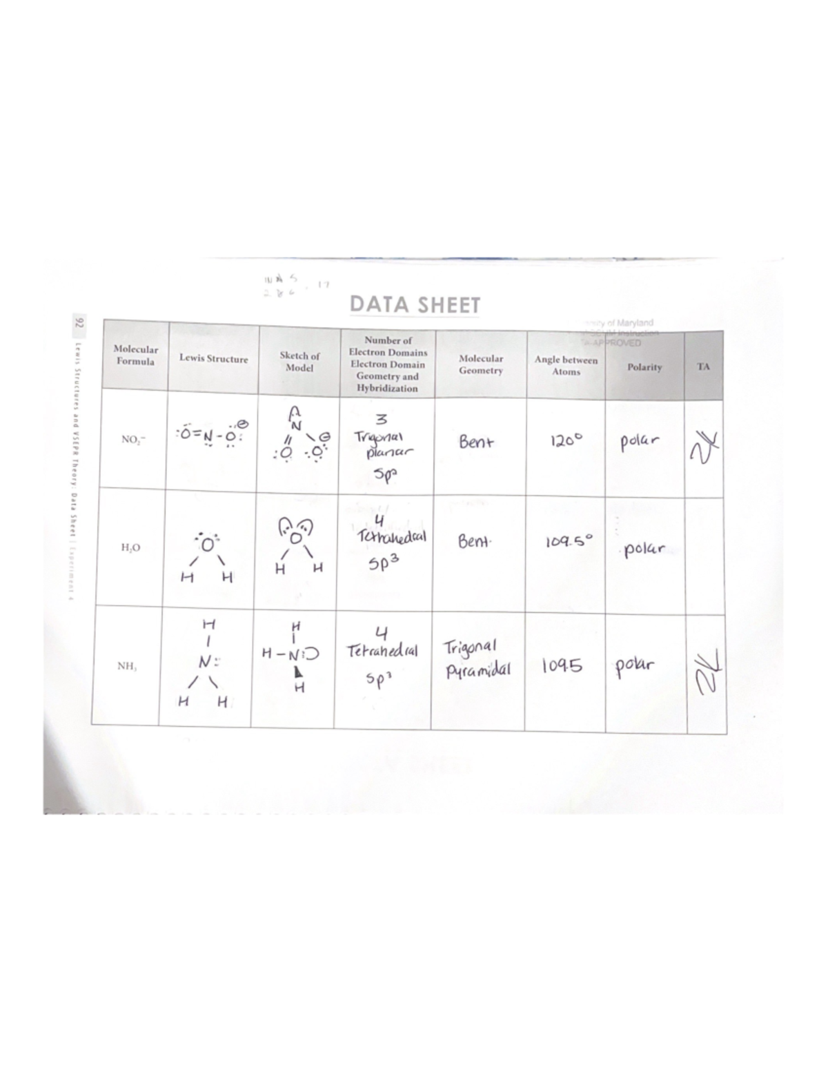 Chem 4 Lewis Structures and Vsepr Theory Data Sheet - IN A 5 17 2 D 6 ...