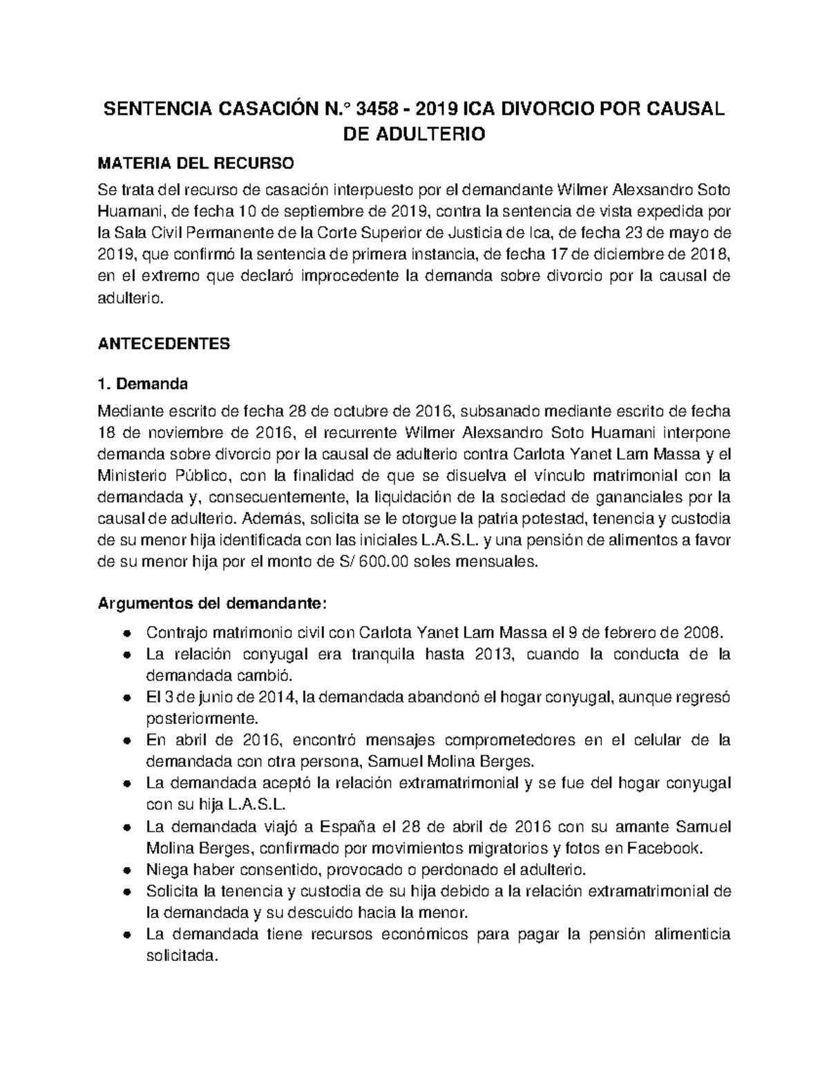 Resumen DE Casación N.° 3458 - 2019 - SENTENCIA CASACIÓN N.° 3458 - 2019 ICA DIVORCIO POR CAUSAL ...