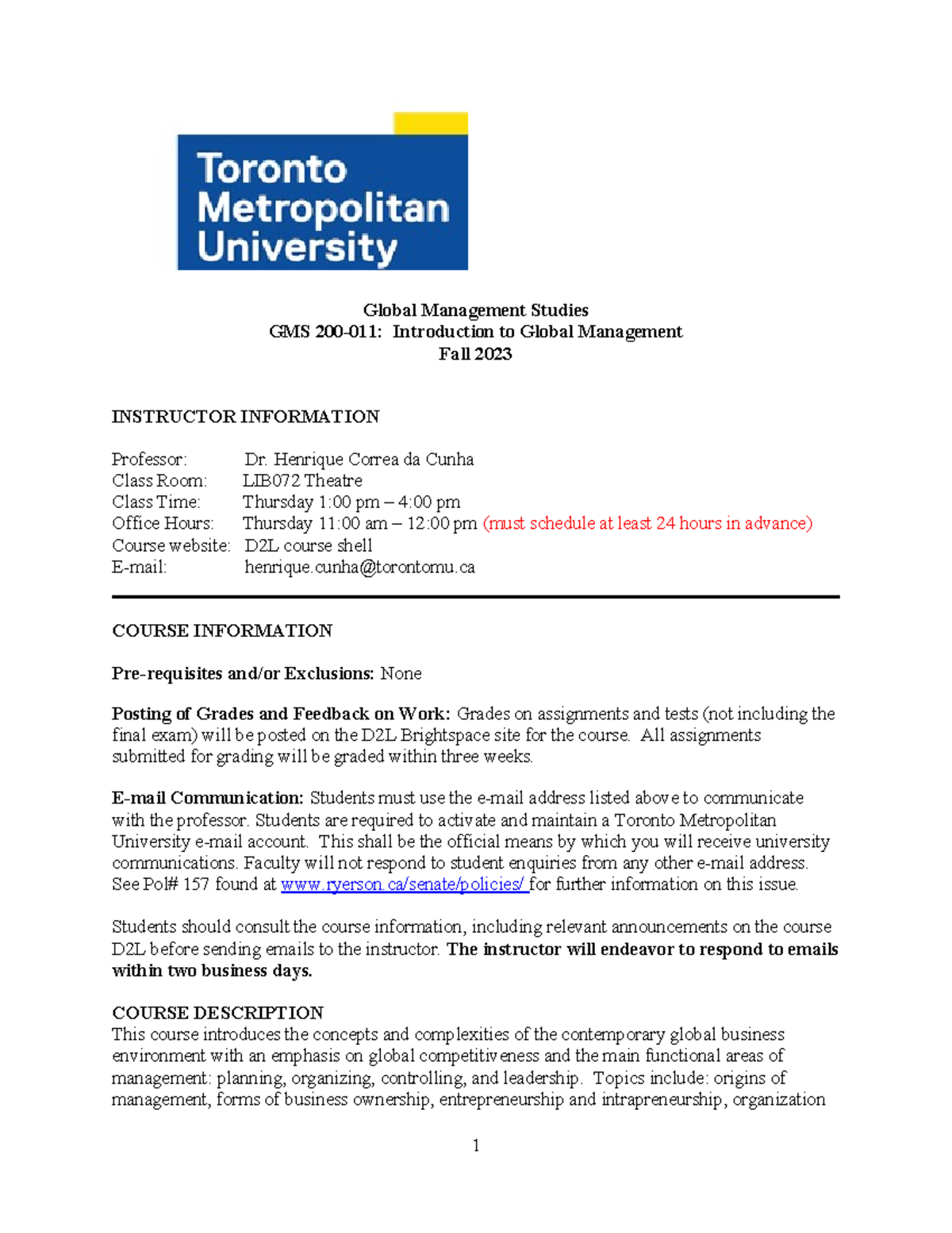 GMS200- Course Outline - Global Management Studies GMS 200-011 ...