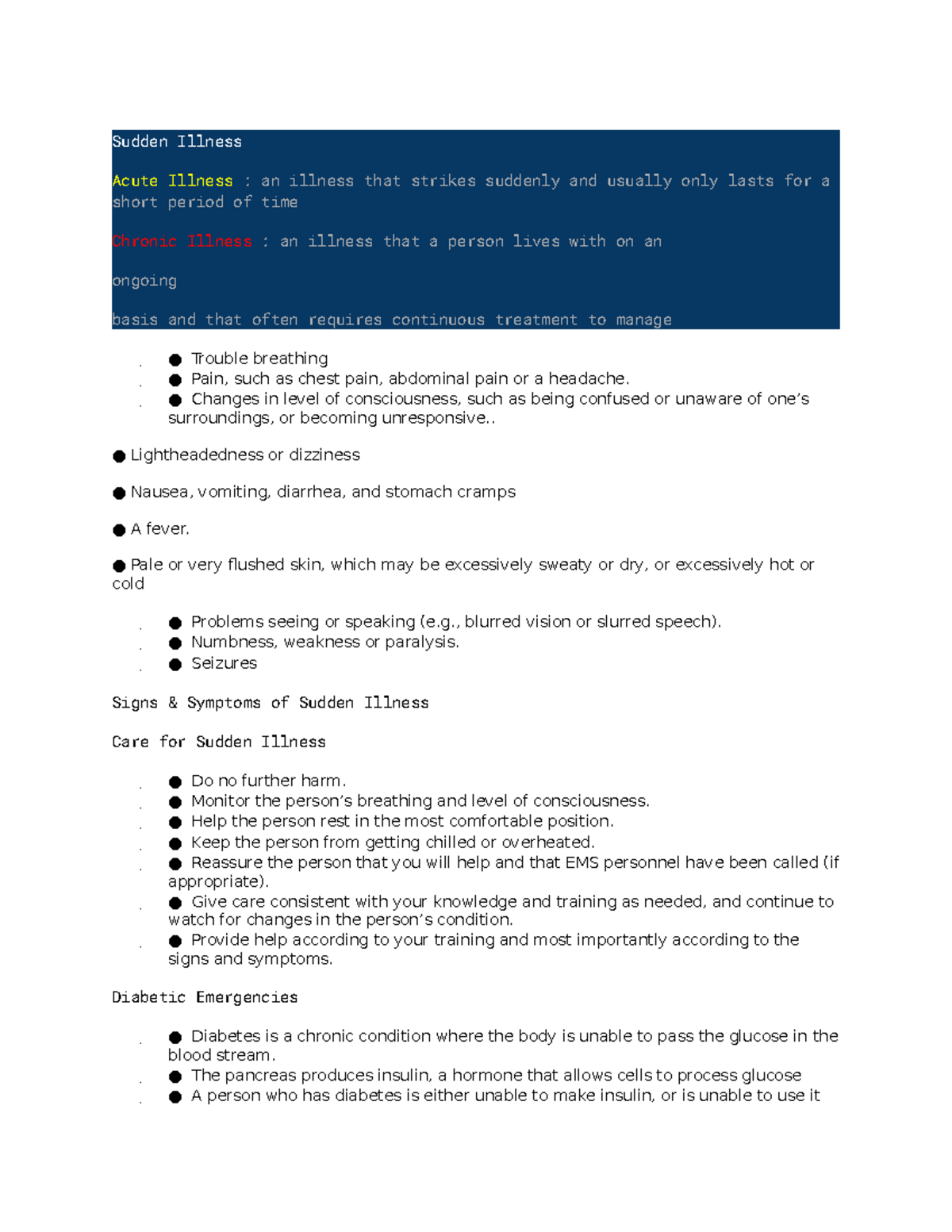 Sudden Illness - Lecture notes - Sudden Illness Acute Illness : an ...