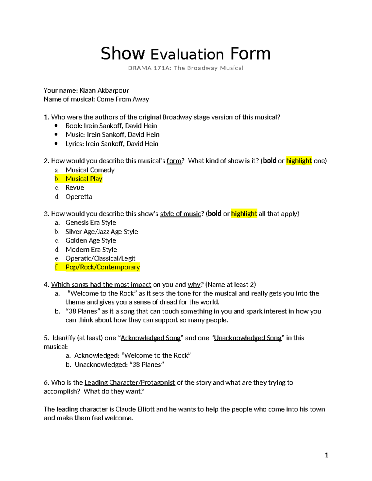 Comefromaway - homework - Show Evaluation Form DRAMA 171A: The Broadway ...