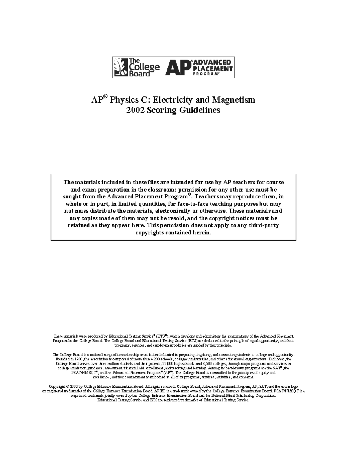 Sg physics c em 02 11802 - Sssssss - AP ® Physics C: Electricity and ...