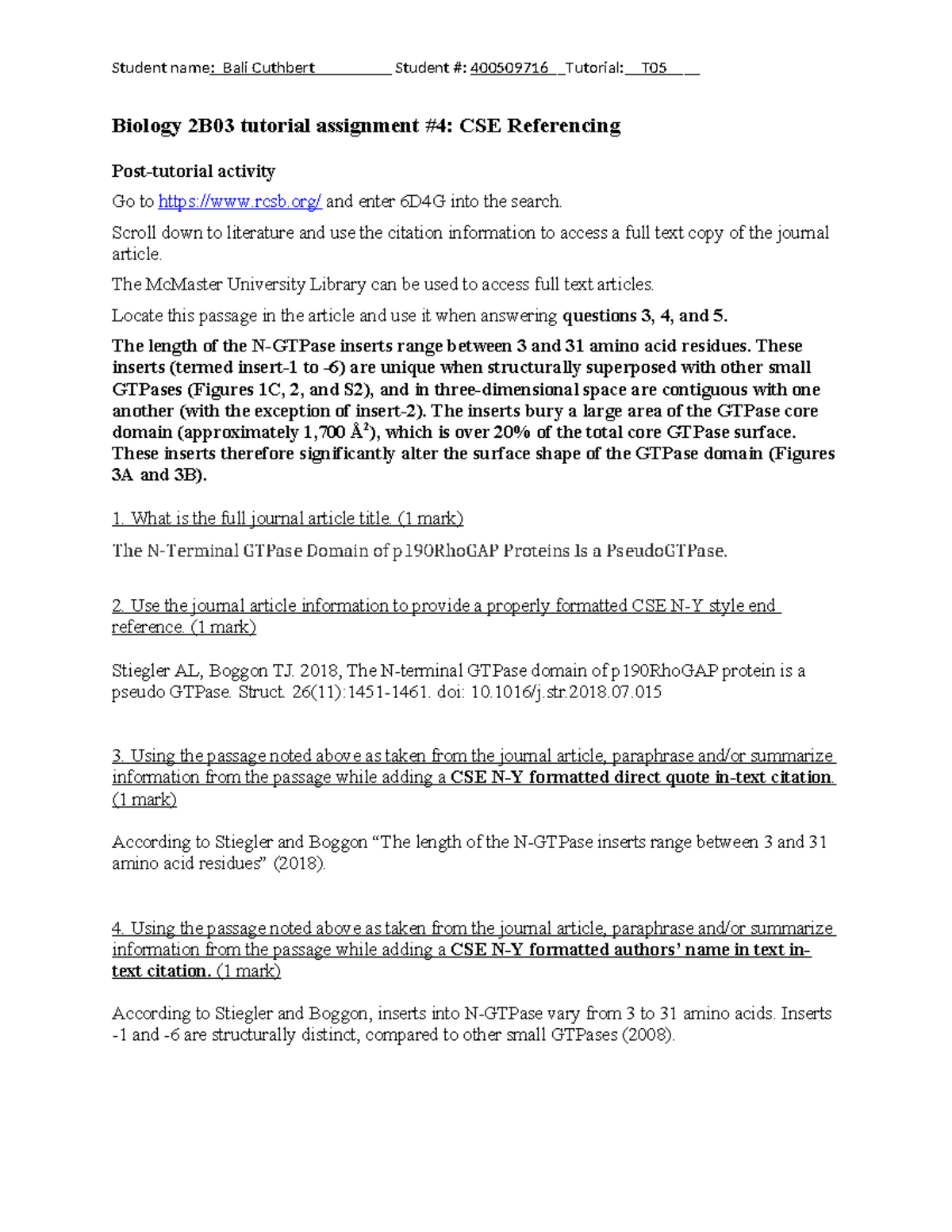 F24 Bio 2B03 Assignment 4 - CSE referencing - Student name:Bali Cuthbert________ Student ...