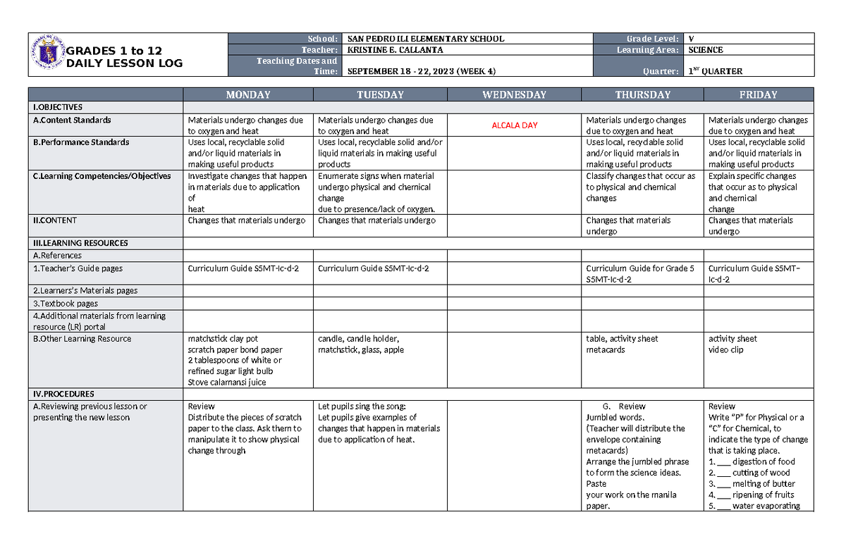 DLL Science 5 Q1 W4 - GRADES 1 to 12 DAILY LESSON LOG School: SAN PEDRO ...