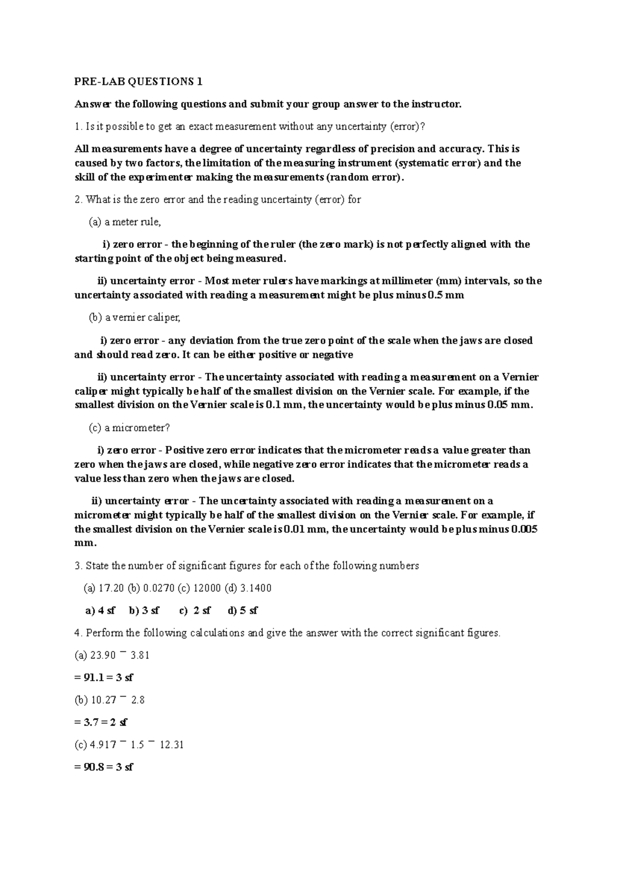 PRE-LAB Quest 1 - prepare for lab - PRE-LAB QUESTIONS 1 Answer the following questions and ...