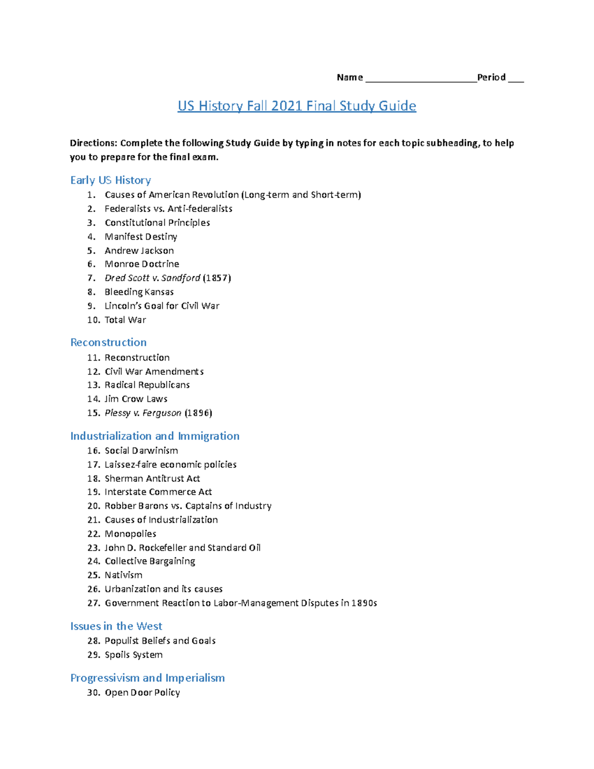 History final - slides - Name _____________________Period ___ US ...