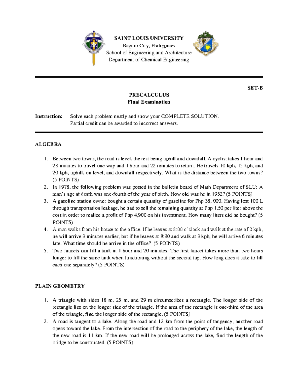 Precalculus Final Exam - SAINT LOUIS UNIVERSITY Baguio City ...