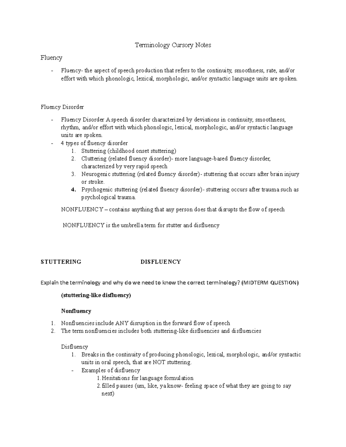 COMD 4383 Notes - Terminology Cursory Notes Fluency Fluency- the aspect ...