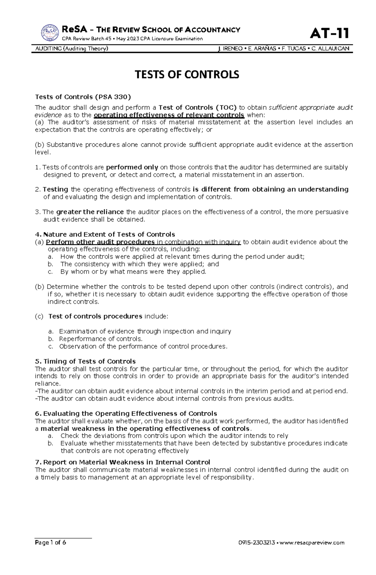 AT-11 (Tests of Controls) - ReSA - THE REVIEW SCHOOL OF ACCOUNTANCY CPA ...