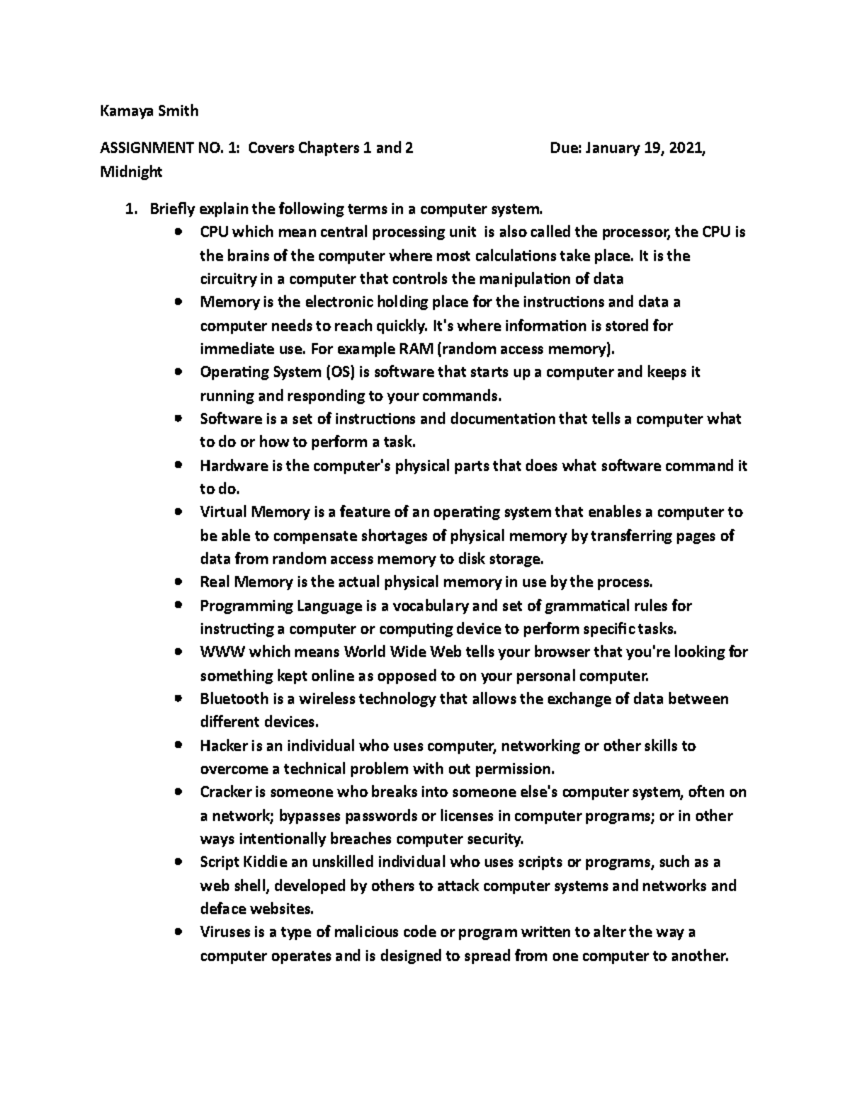 Assignment 1 Computer science : Covers Chapters 1 and 2 - Kamaya Smith ...