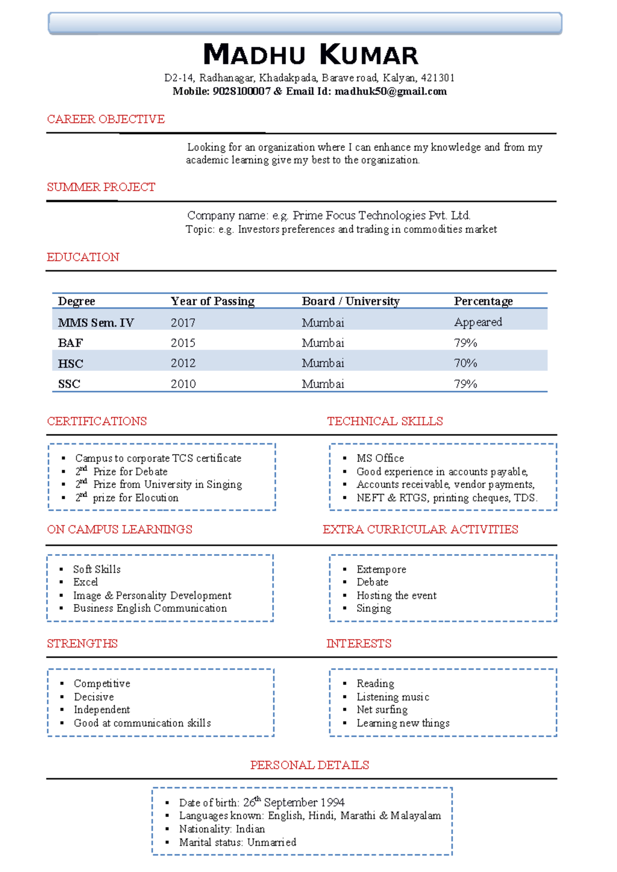 Sample Resume - Abs - MADHU KUMAR D2-14, Radhanagar, Khadakpada, Barave road, Kalyan, 421301 ...